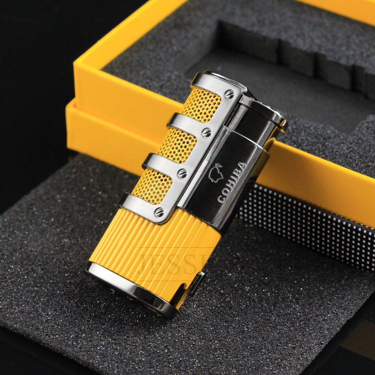 Black Yellow Butane Gas Windproof Cigar Lighter 3 Flame Jet Torch with ...