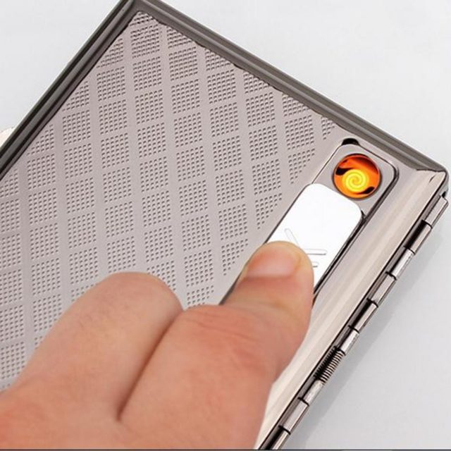 Silver Metal Cigarette Case with Rechargeable USB Lighter Flameless ...